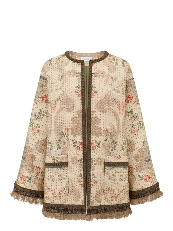 INTO THE EAST Scroll Handcrafted Fringe Beaded Silk-linen Jacket - Floral