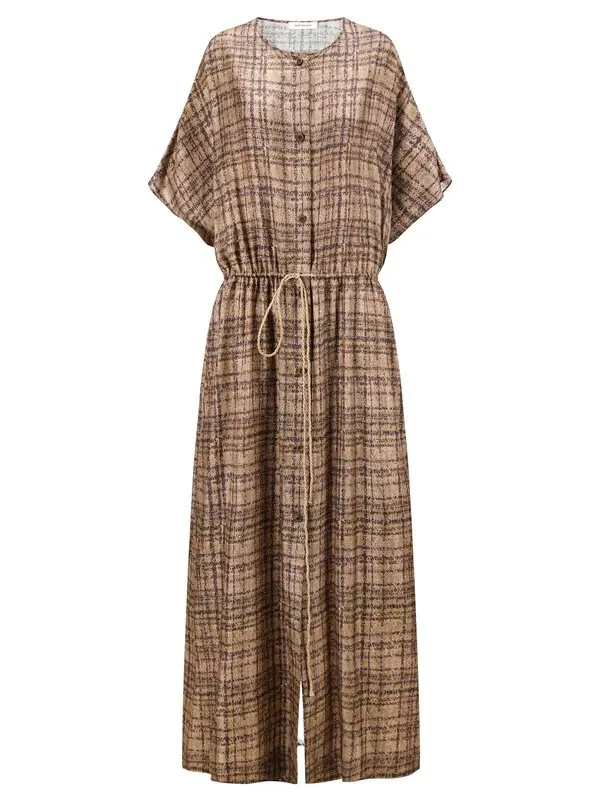 INTO THE EAST Plaid Silk Maxi Dress With Drawstring Waist - Stripe