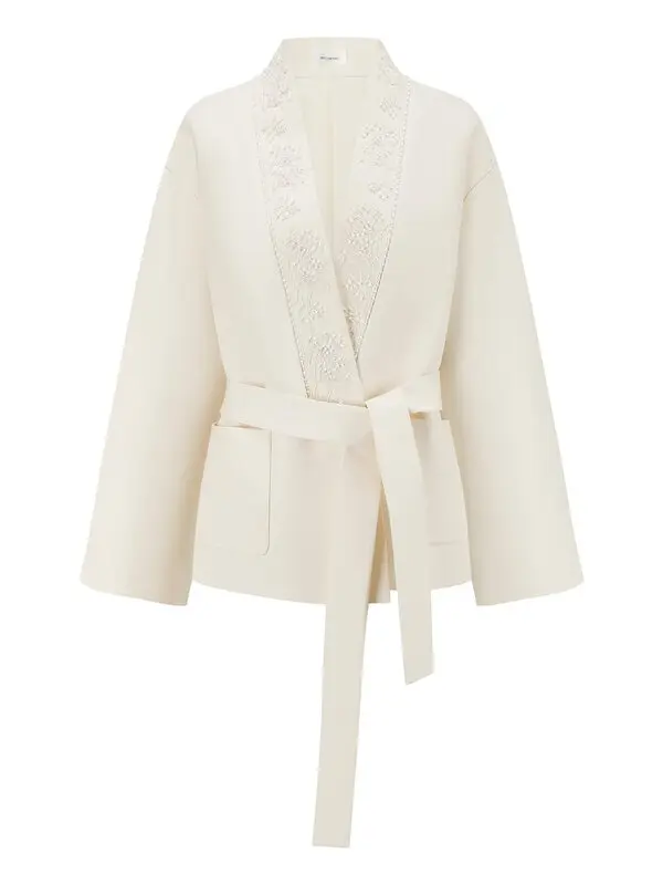 INTO THE EAST Embroidered Beaded Collar Silk-linen Jacket - White