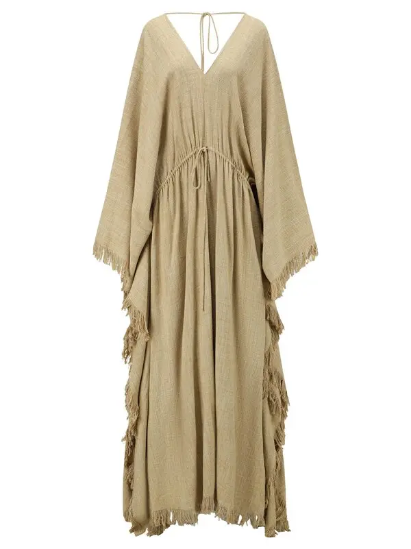 INTO THE EAST Drawstring Fringe Silk Maxi Dress - Brown