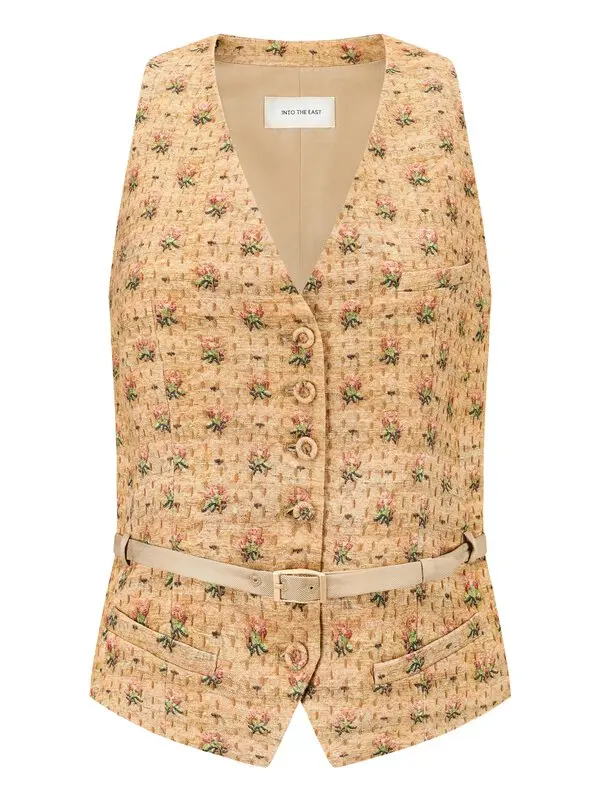 INTO THE EAST Rose V-neck Belted Silk-linen Vest - Floral