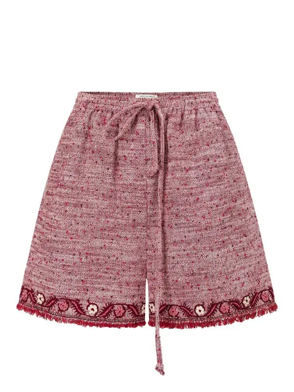 INTO THE EAST Embroidered Cotton, Wool And Linen Shorts - Red