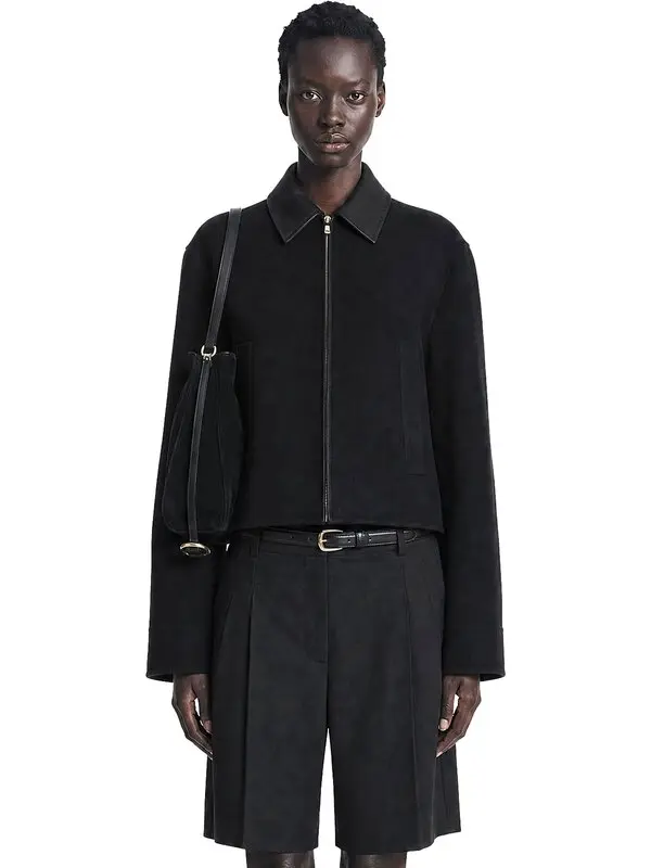 Max Mara Double Wool Cashmere And Silk Jacket With Nappa Leather Collar - Black