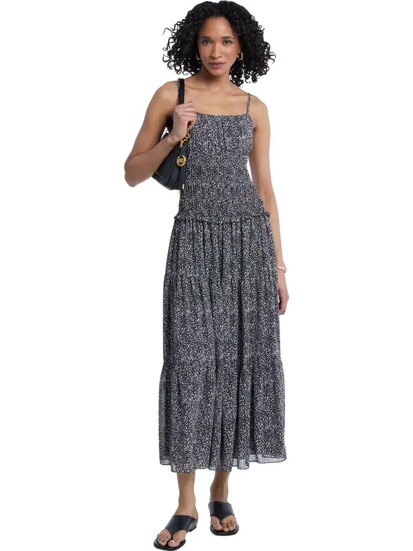 Michael Kors Abstract Print Georgette Smocked Midi Dress - Black