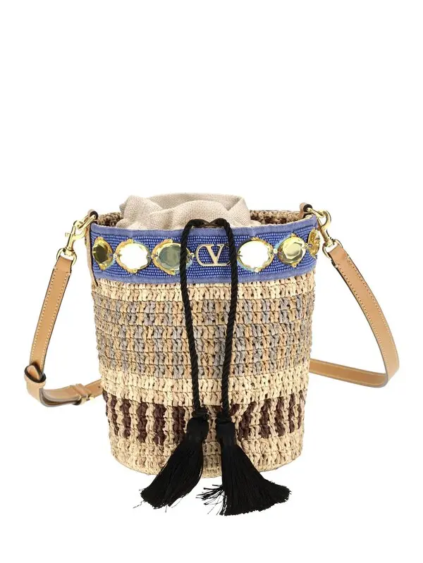 Valentino Garavani Mini Raffia Bucket Bag With Embellished Trim - Cream