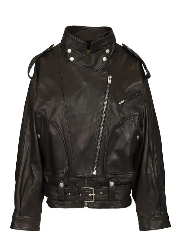 Isabel Marant Étoile Farza-gb' Leather Jacket With Asymmetrical Zip And Belted Waist - Black