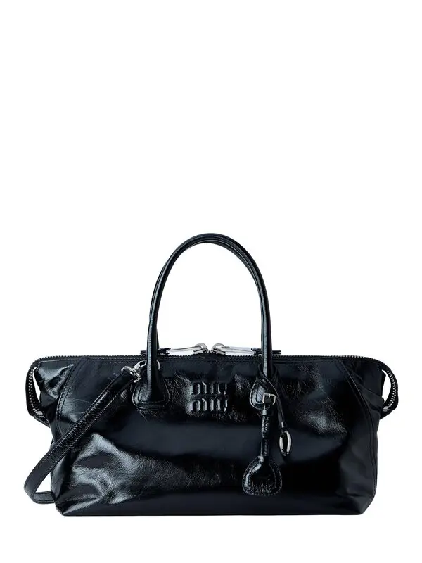 Miu Miu Patent Leather Top Handle Bag With Embossed Detailing - Black