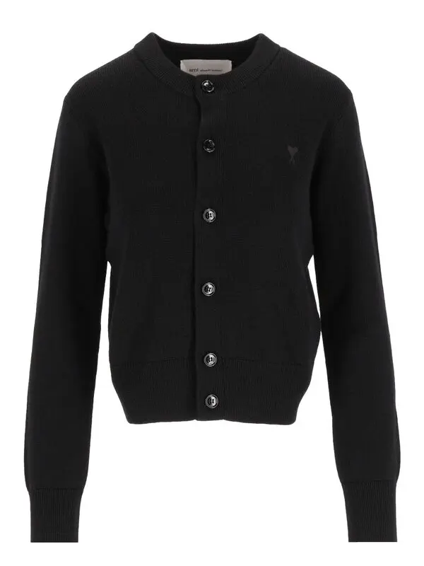 AMI Paris Slim Fit Embroidered Wool Cardigan - Black