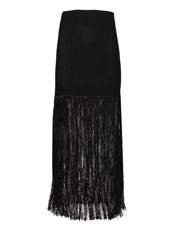 Alaïa Ribbed Knit Maxi Skirt With Fringe - Black