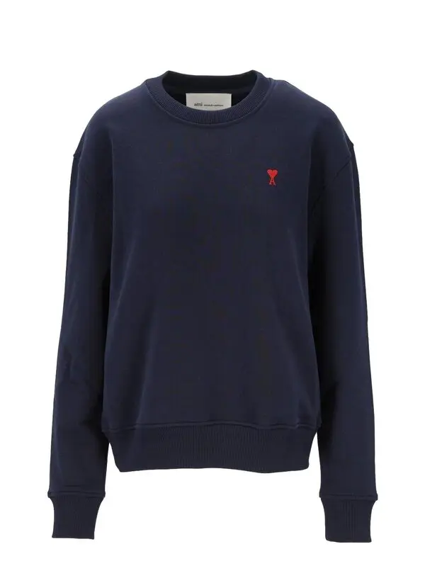 AMI Paris Crewneck Ribbed Sweatshirt With Embroidered Logo - Black
