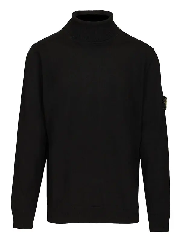 Stone Island Virgin Wool Turtleneck Sweater With Badge Detail - Black