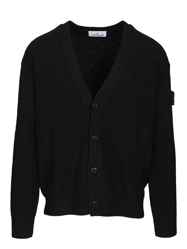 Stone Island V-neck Cardigan With Logo Badge - Black