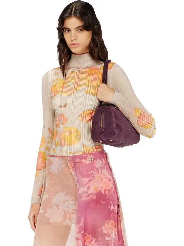 DIESEL® Ribbed Wool Turtleneck Top With Floral Print - Multicolor
