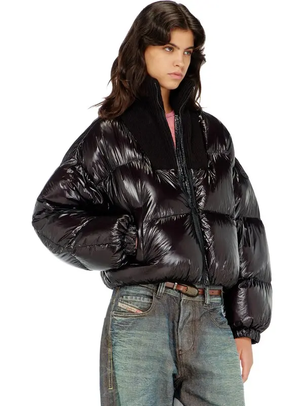 DIESEL® Down Puffer Jacket With Knitted Collar - Black
