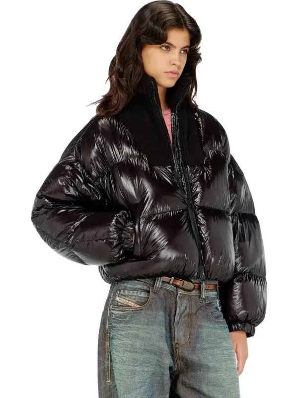 DIESEL® Down Puffer Jacket With Knitted Collar - Black