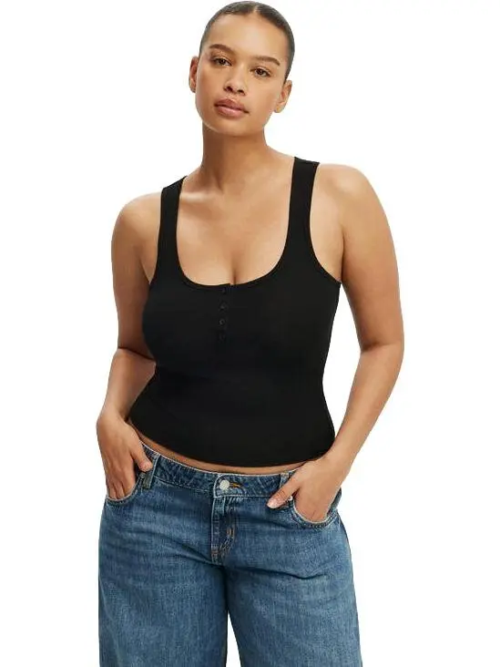 COTTON ON Henley Rib Tank - Black