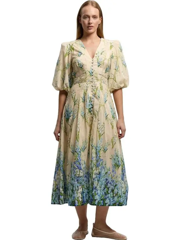 Karen Millen Floral Puff Sleeve Midi Dress - Blue