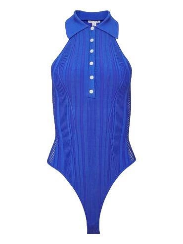 FLEUR DU MAL Ribbed Knit Halter Neck Bodysuit With Button Collar - Hydrangea