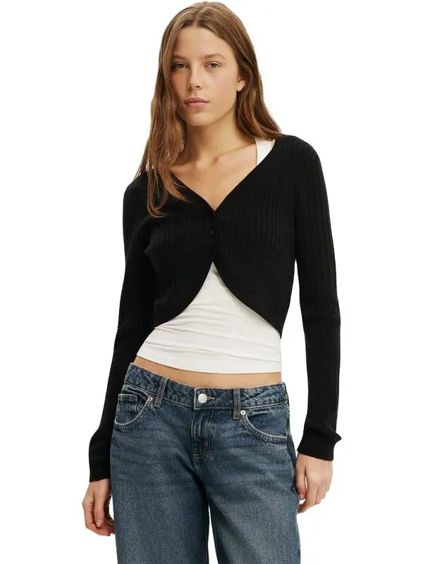COTTON ON Cable Knit Cropped Cardigan - Black
