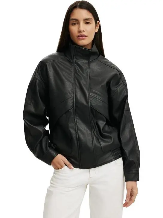 COTTON ON Theo Faux Leather Bomber Jacket - Black