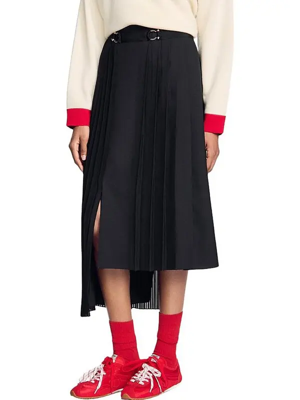 Sandro Asymmetrical Pleated Full Length Skirt - Black