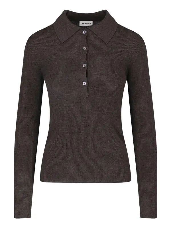 PAROSH Ribbed Knit Polo Sweater Top With Long Sleeves - Brown