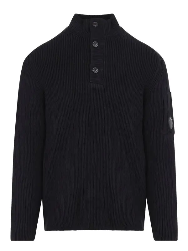 C.P. COMPANY Full Rib Half-button Crewneck Sweater - Black