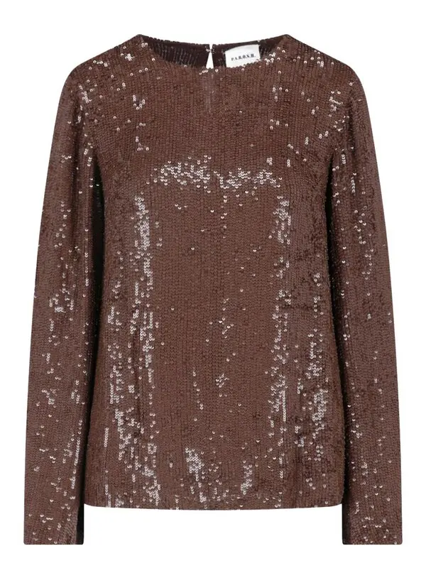 PAROSH Sequin Embellished Long Sleeve Top - Brown