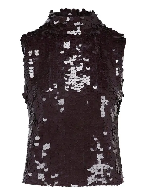 PAROSH Sequin Mock Neck Sleeveless Top - Brown