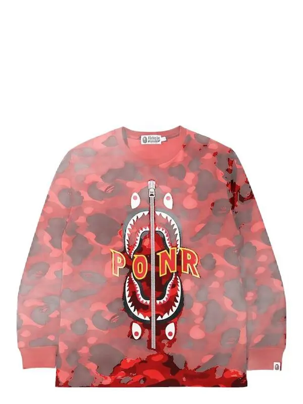 A BATHING APE Camo Ponr Shark Long Sleeve Tee Shirt - Red