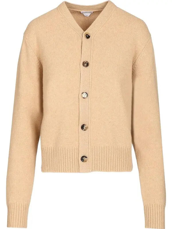 Bottega Veneta Cashmere V-neck Cardigan With Woven Leather Detail - Cream