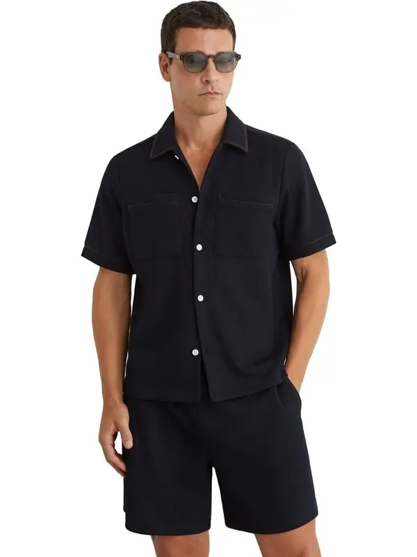 REISS Weaver Textured Piped Short-sleeve Shirt - Navy