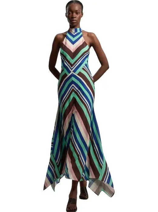 Karen Millen Halter Neck Fit & Flare Maxi Dress - Stripe