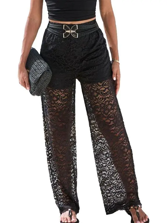 LASCANA Allover Lace Wide Leg Pants - Black