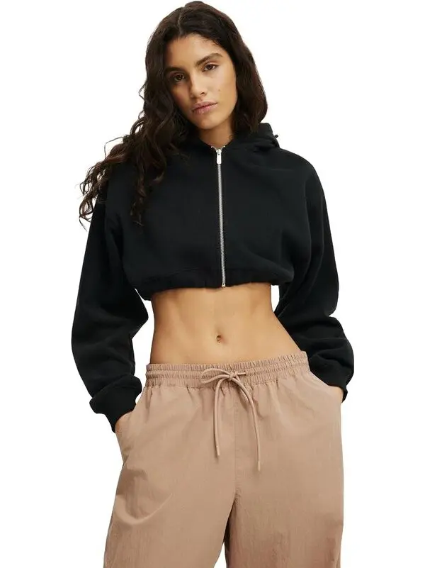 Cotton:on Active Plush Micro Cropped Zip Through Hoodie - Black