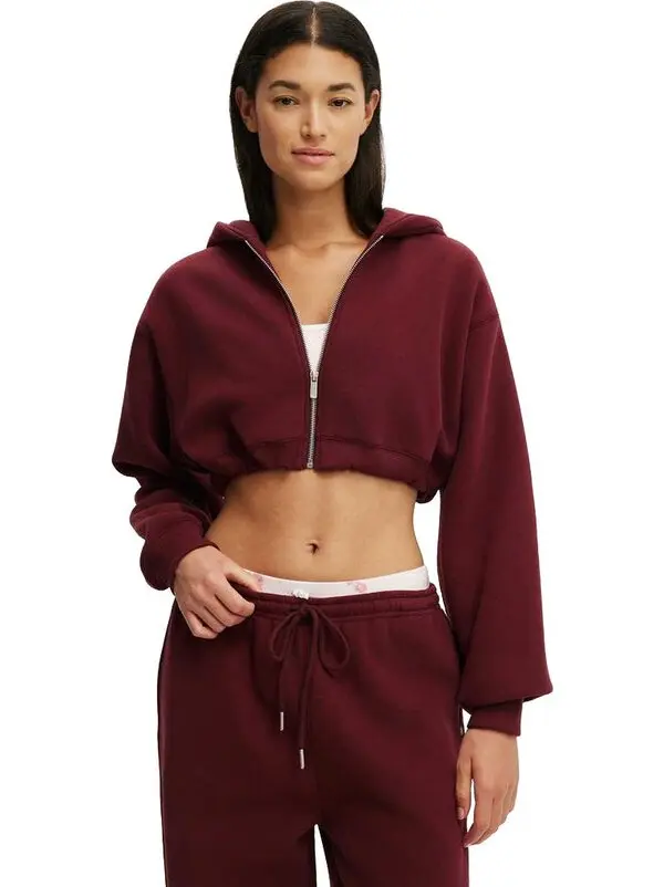 Cotton:on Active Plush Micro Cropped Zip Through Hoodie - Gingerberry