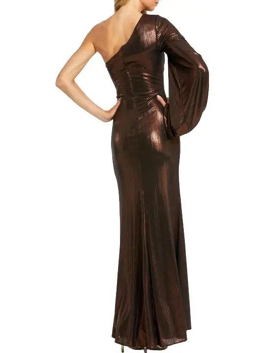 Mac Duggal One Shoulder Metallic Gown - Chocolate