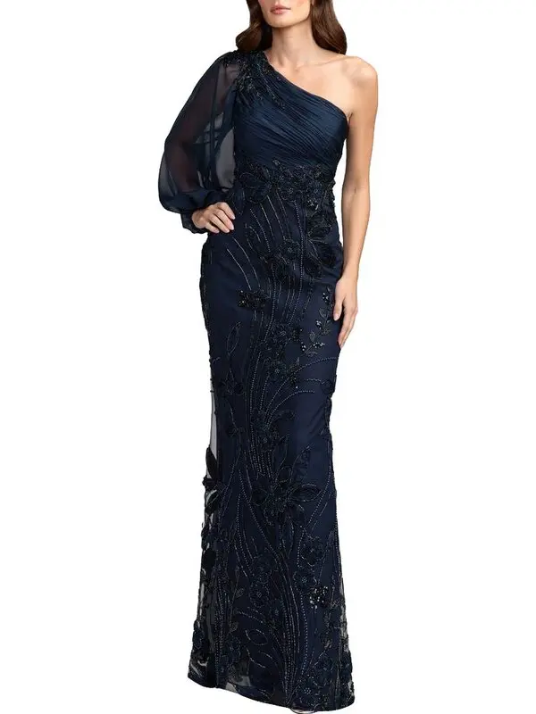 Mac Duggal One-shoulder Floral Embroidered Gown - Navy