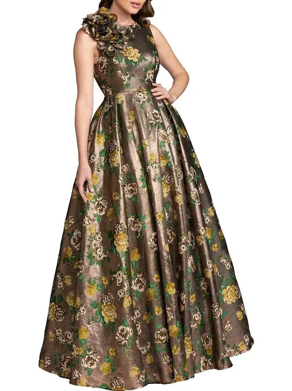 Mac Duggal Sleeveless Brocade Ballgown With 3d Flower - Gold