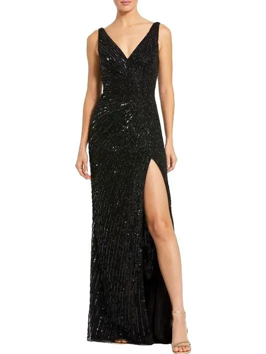 Mac Duggal Beaded Floral High Slit Sleeveless Gown - Black