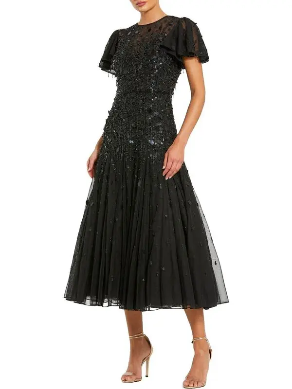 Mac Duggal Beaded Flutter Sleeve Tea-length Dress - Black