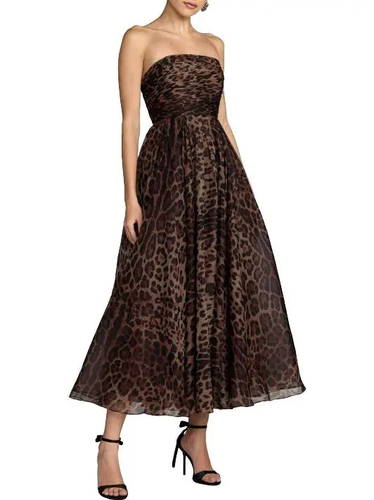 Mac Duggal Strapless A-line Chiffon Midi Dress - Leopard