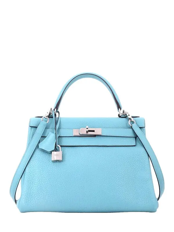 Hermès Kelly Handbag Clemence With Palladium Hardware 28 - Blue
