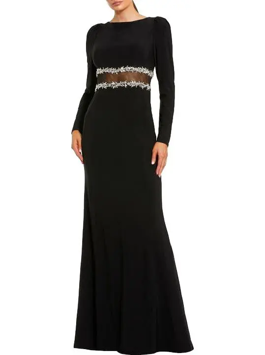 Mac Duggal Long Sleeve Jersey Gown With Jewel Detail - Black