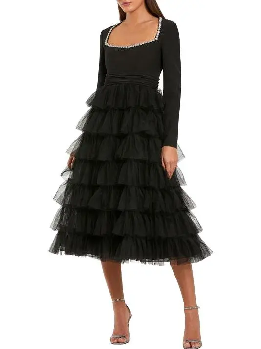 Mac Duggal Crepe And Tulle Crystal Tiered Long Sleeve Midi Dress - Black