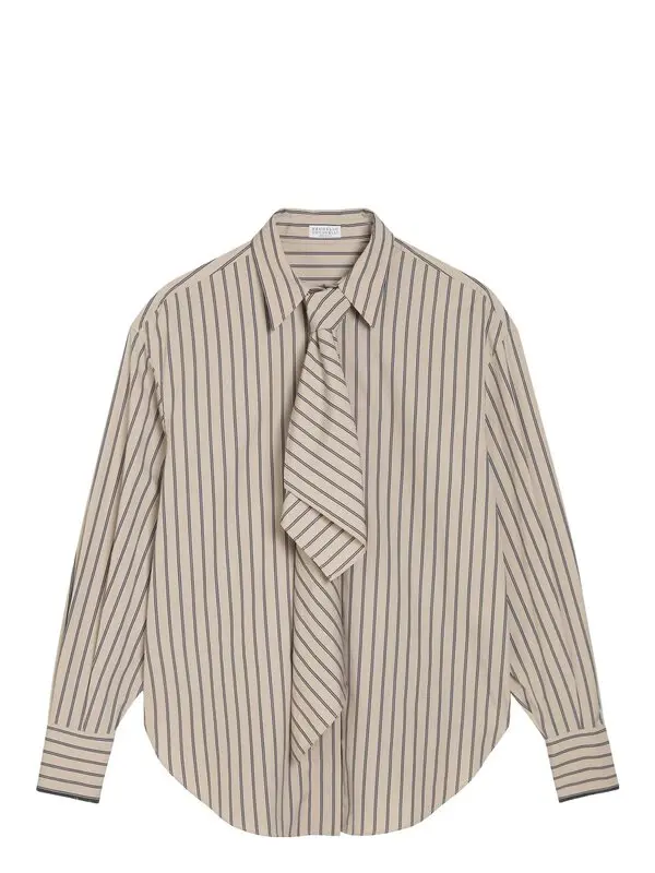 Brunello Cucinelli Striped Cotton-poplin Shirt With Detachable Tie - Beige