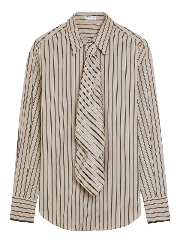 Brunello Cucinelli Striped Cotton-poplin Shirt With Detachable Tie - Beige