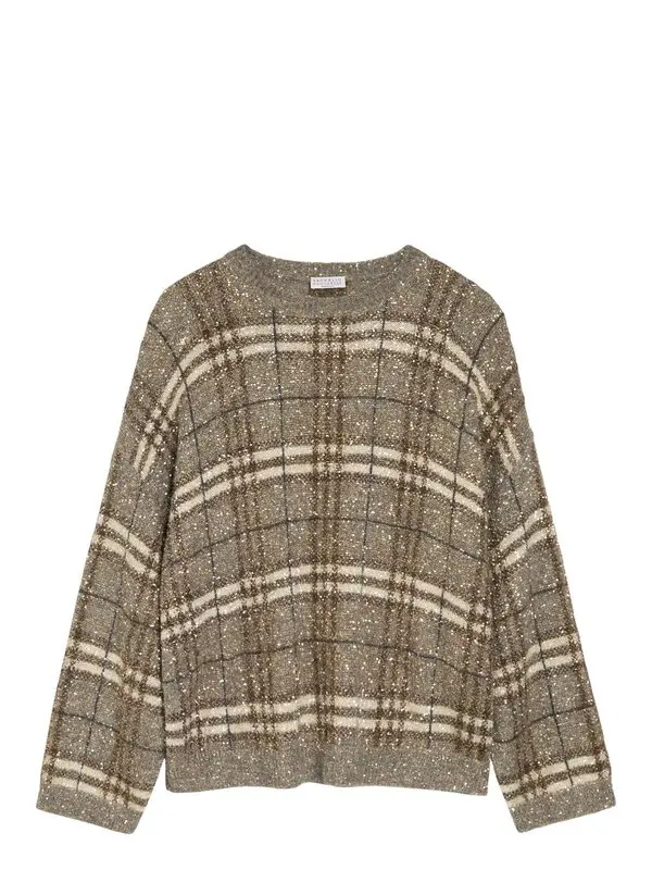 Brunello Cucinelli Checked Embellished Knit Jumper - Grey