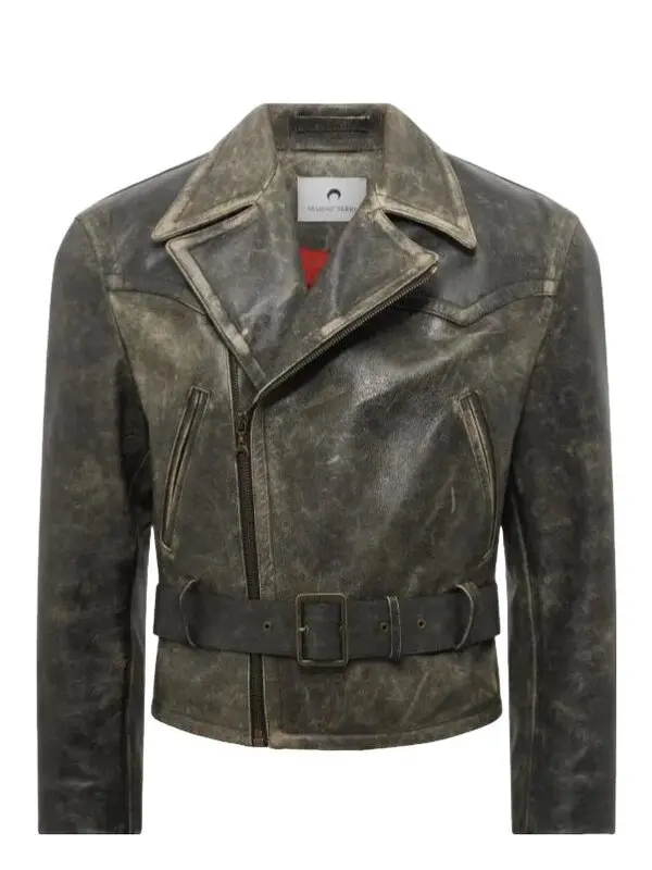 MARINE SERRE Belted Leather Biker Jacket - Black