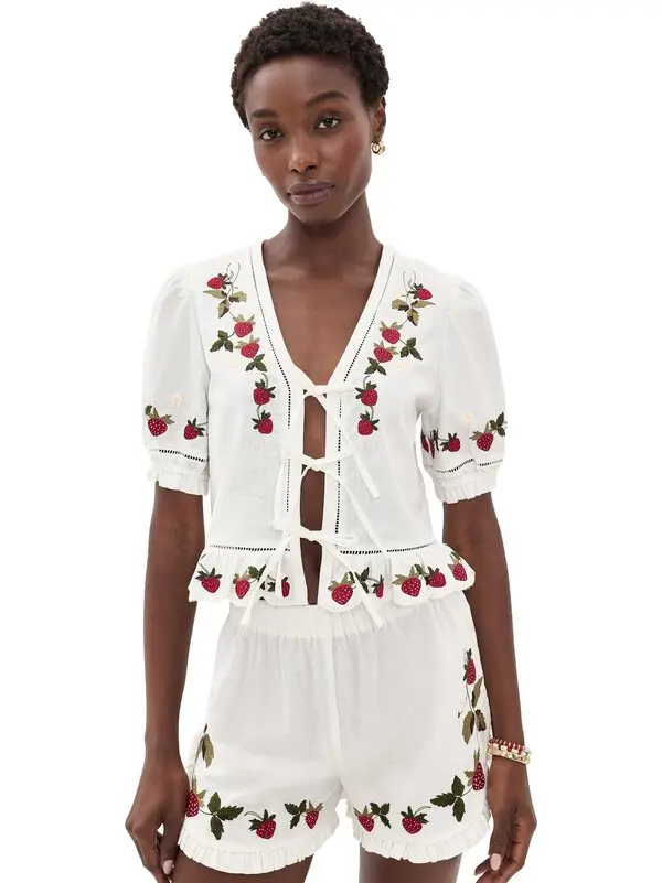 Sea Embroidered Strawberry Linen Blend Top - Cream